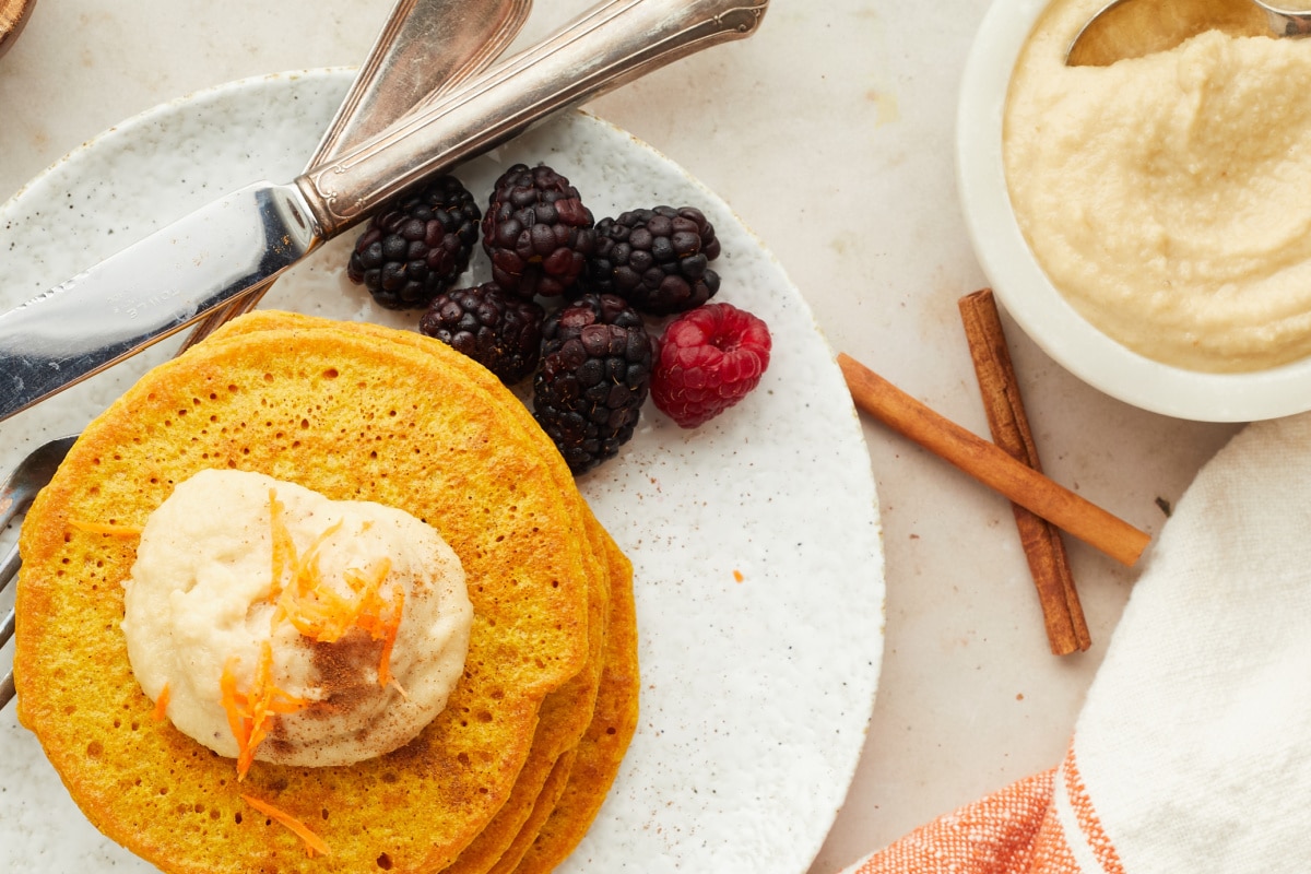 Carrot Pancakes with Maple Cashew Cream